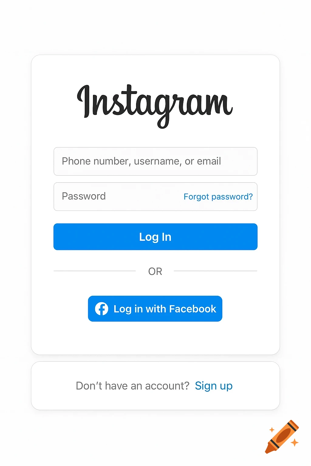 Instagram login screen user interface with fields for phone, username ...
