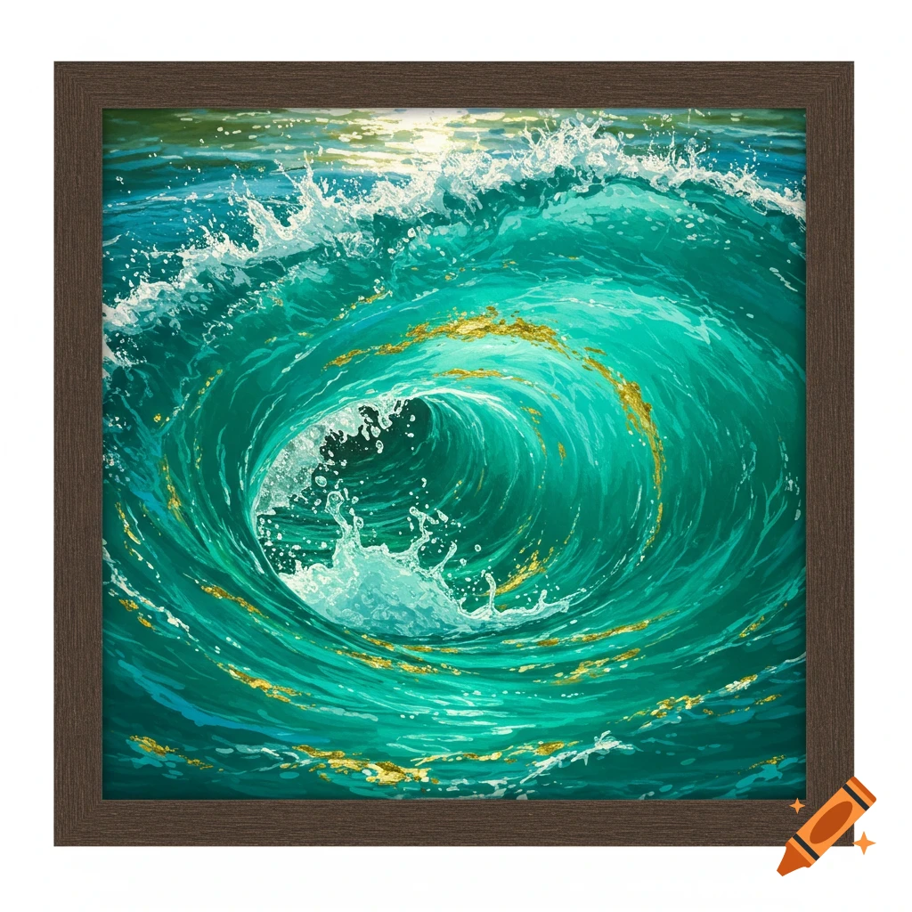 Painting of a turquoise ocean wave with golden flecks curling into a ...
