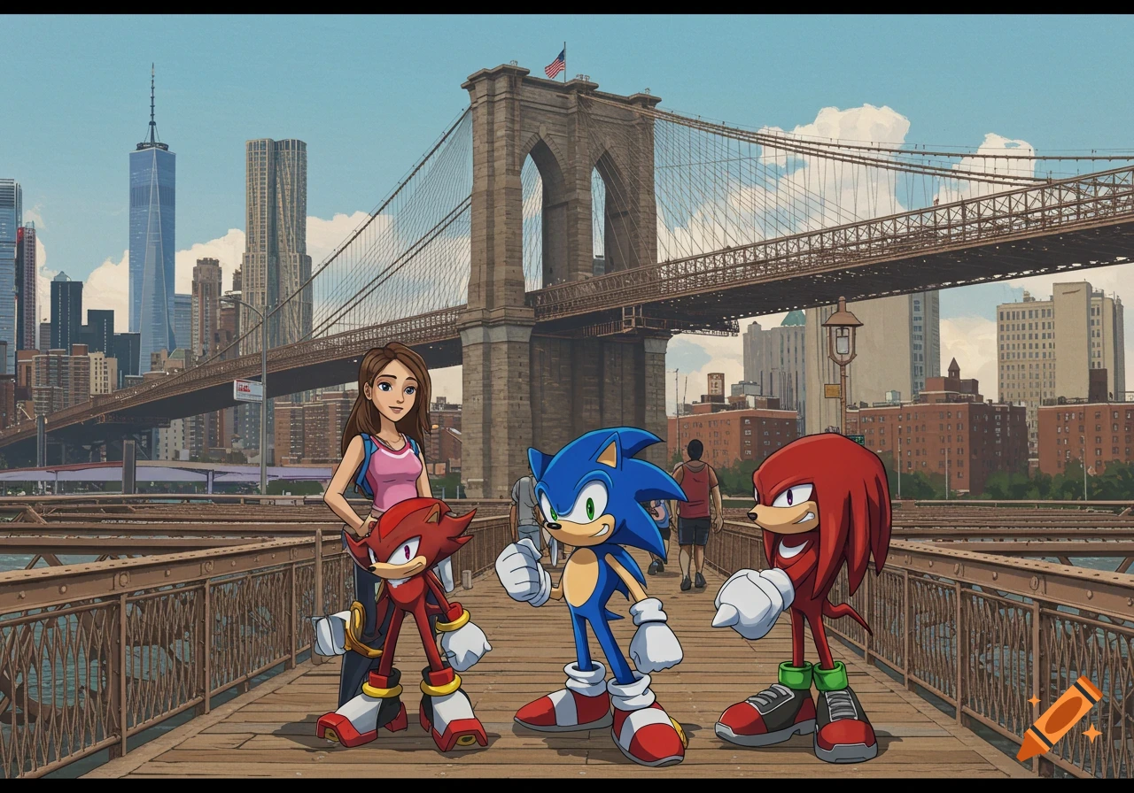 Sonic, Shadow, Knuckles, and a girl stand on the Brooklyn Bridge with ...
