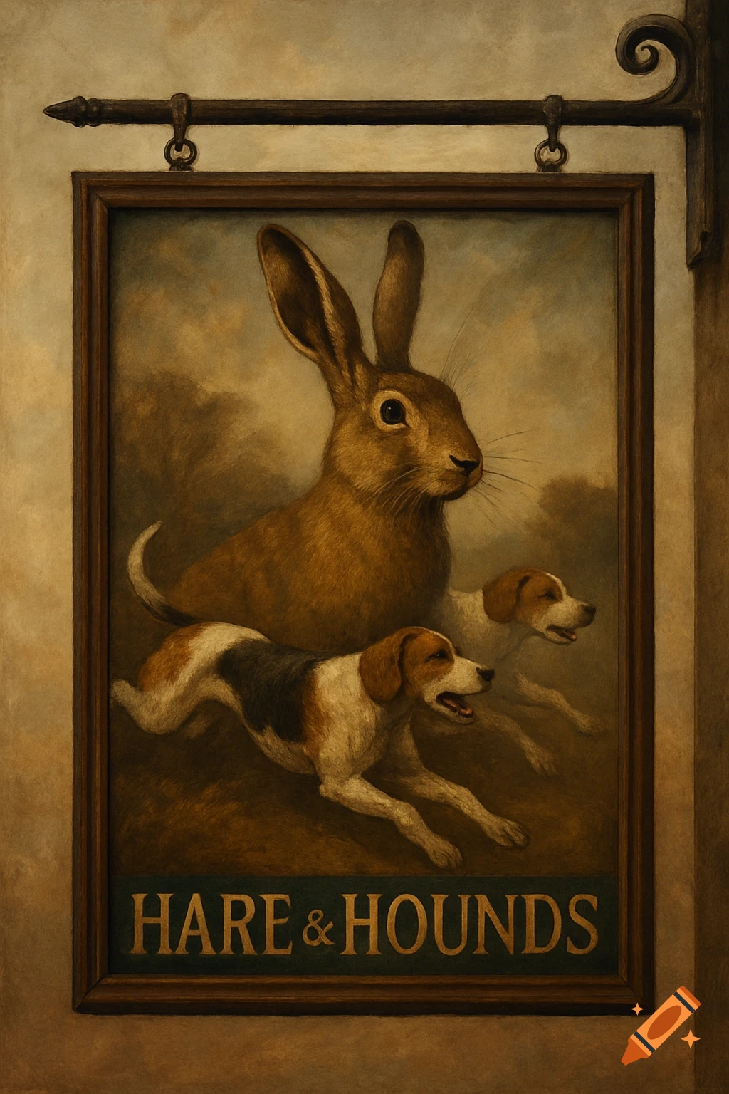 A painted pub sign featuring a hare and two hounds, with the text "HARE ...