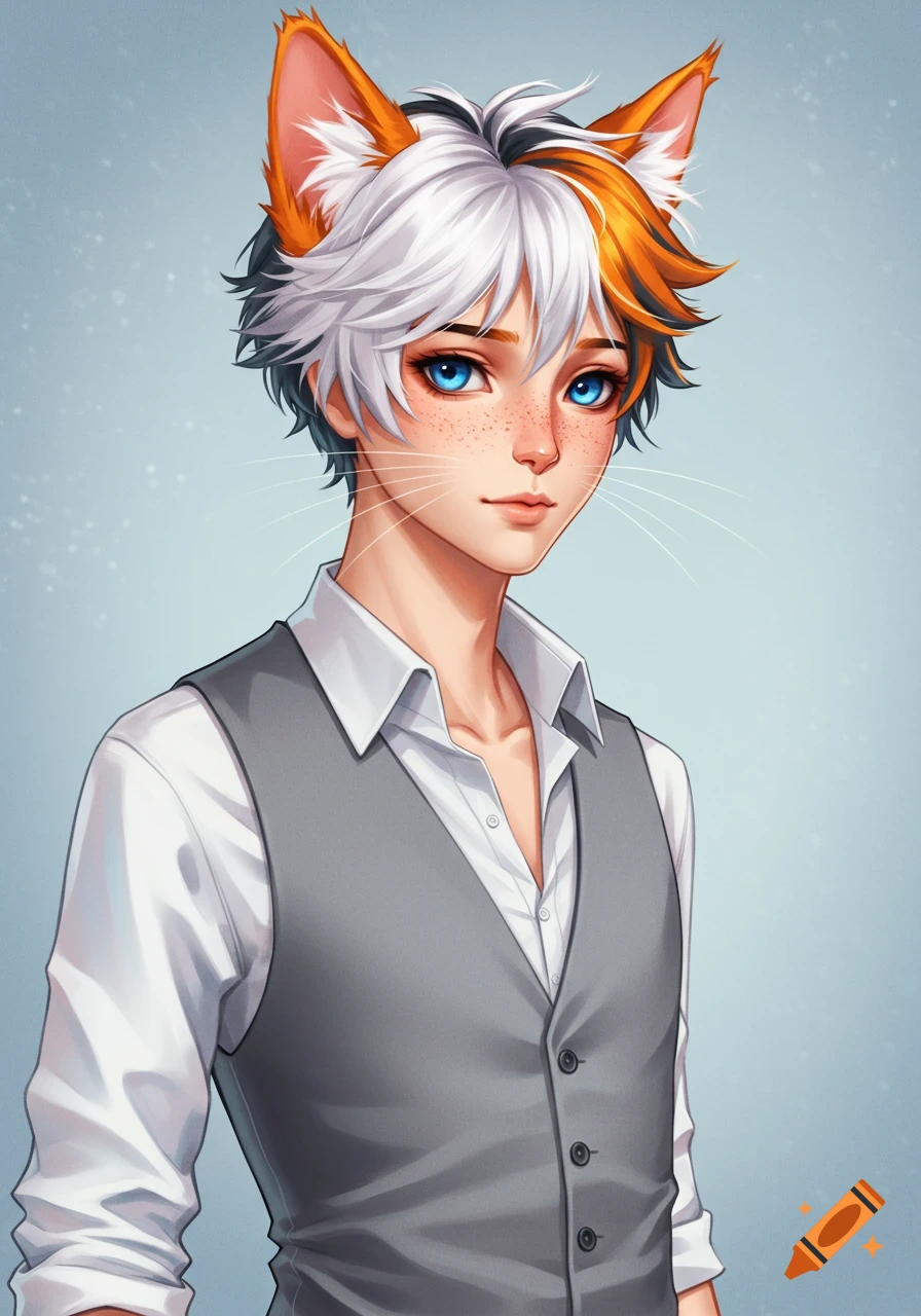Anime cat boy with blue eyes and freckles wearing a white shirt and ...