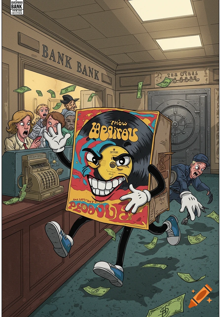 Cartoon vinyl record with limbs robs a bank, running past shocked ...