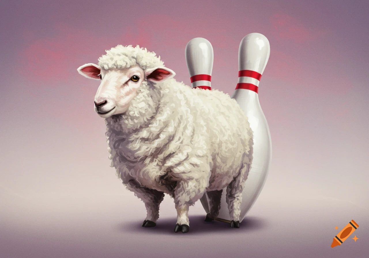 A sheep standing in front of two bowling pins in a painting style. on ...