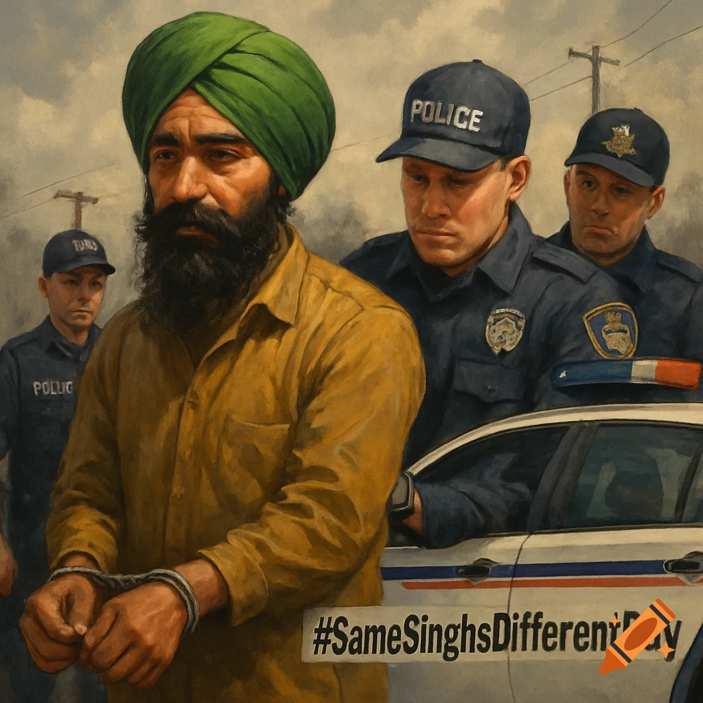 Painting of a handcuffed Sikh man with green turban and police officers ...