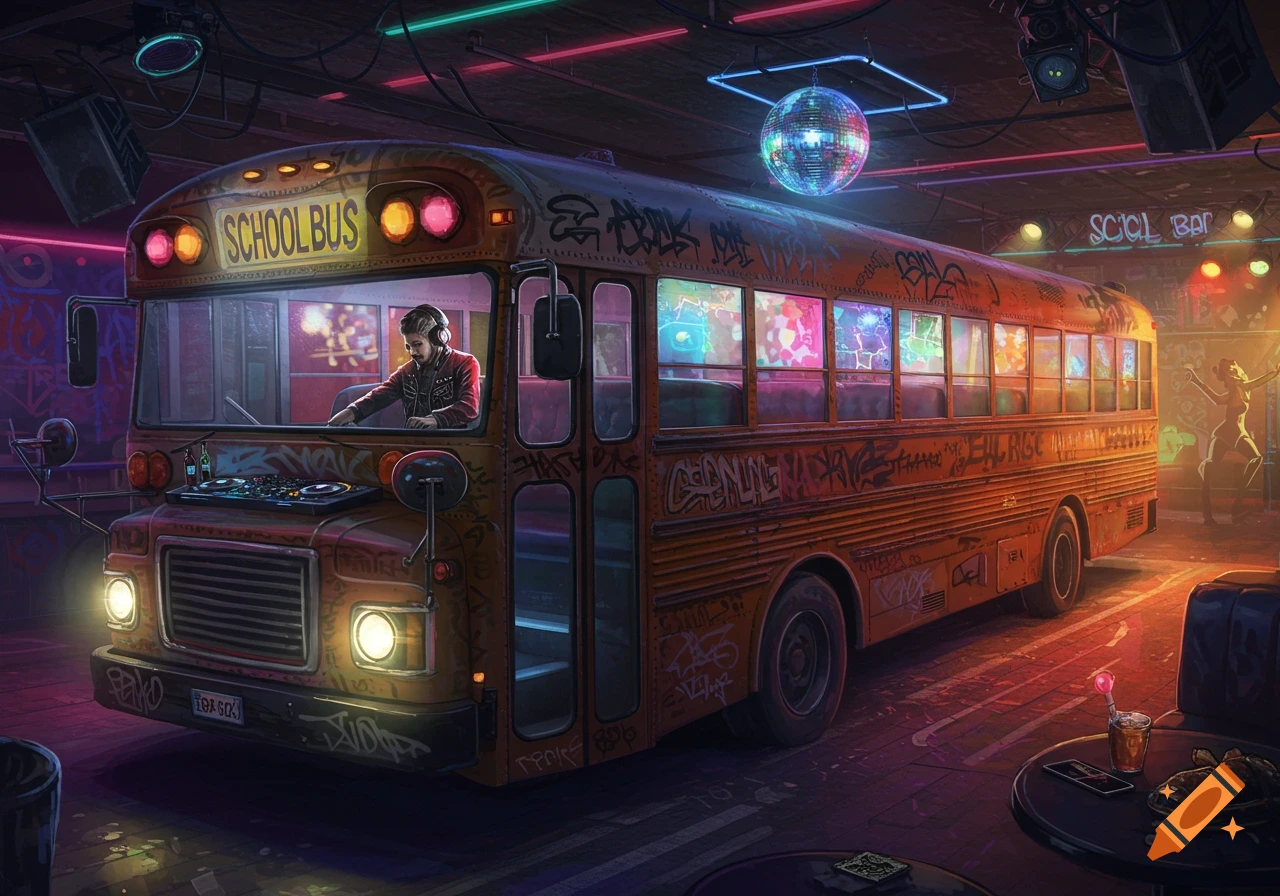 A school bus converted into a nightclub with a DJ, disco ball, and ...
