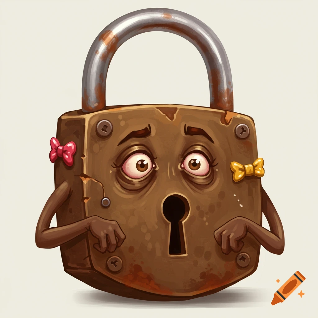 Cartoon illustration of an old, rusty lock with tired eyes and arms ...