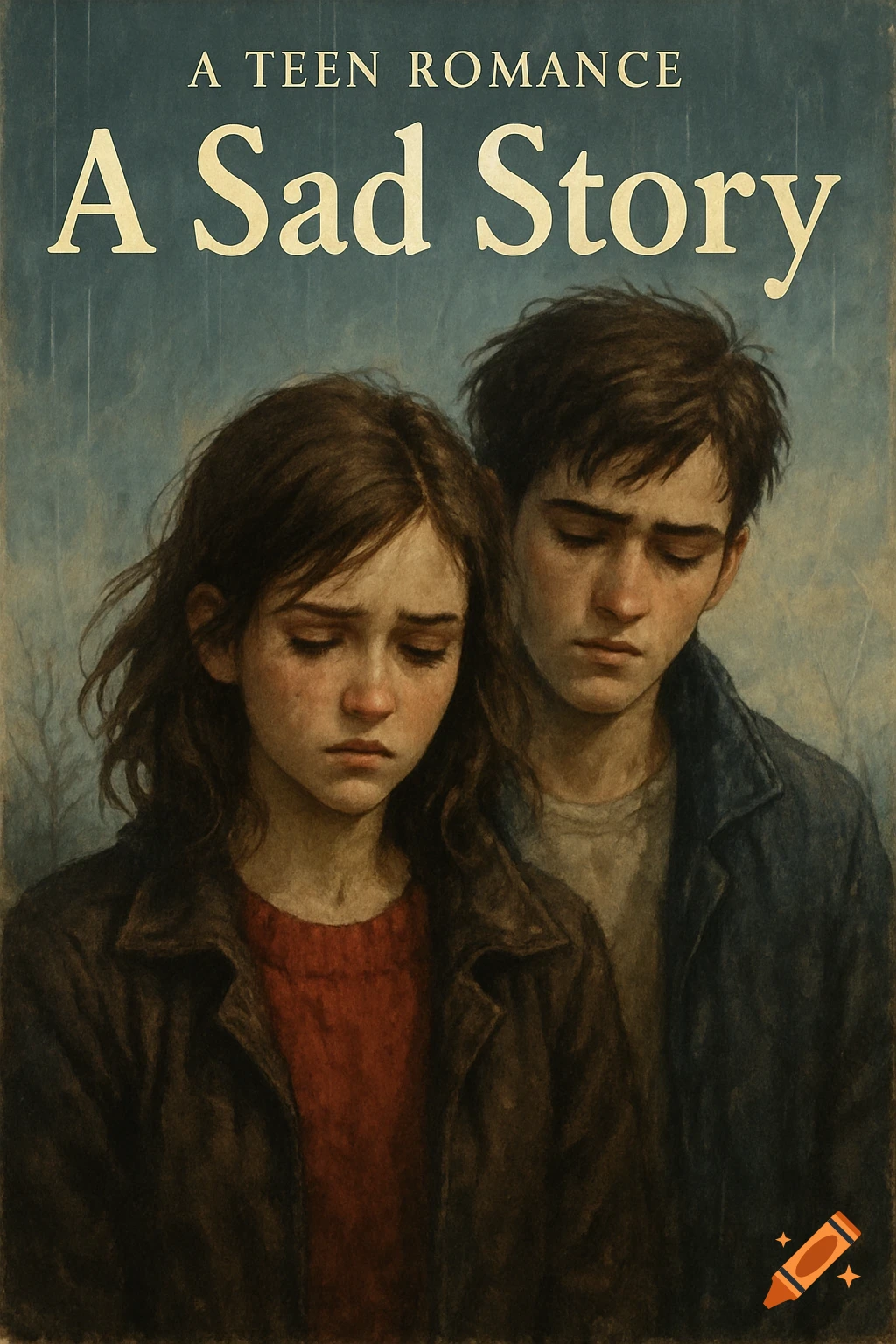 A book cover painting of two sad teenagers with the title 'A Sad Story ...
