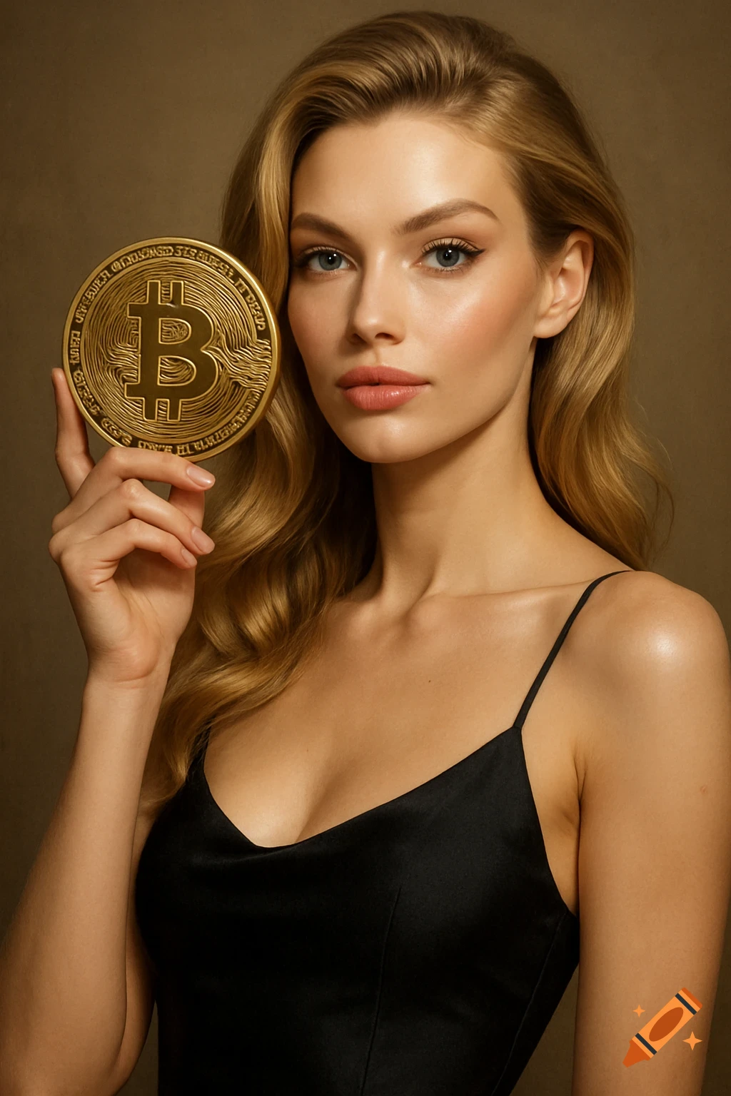 Woman in black dress holds a large gold coin with a bitcoin symbol. on ...