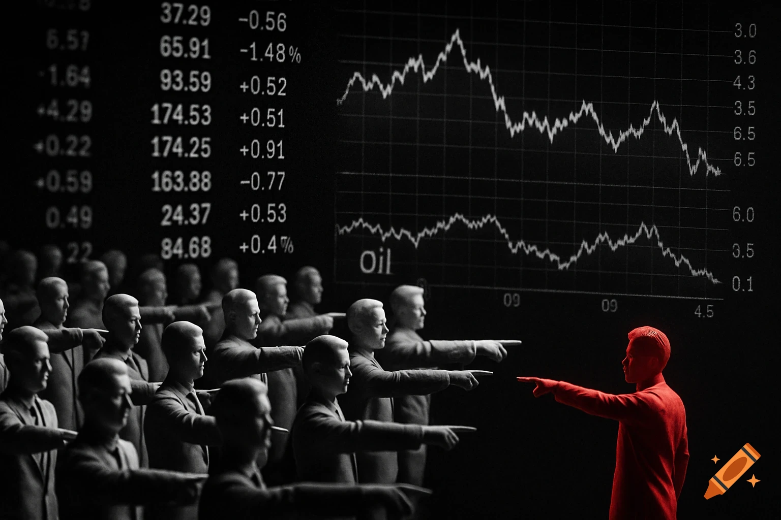 Crowd of grey figures pointing at a red figure against financial charts ...