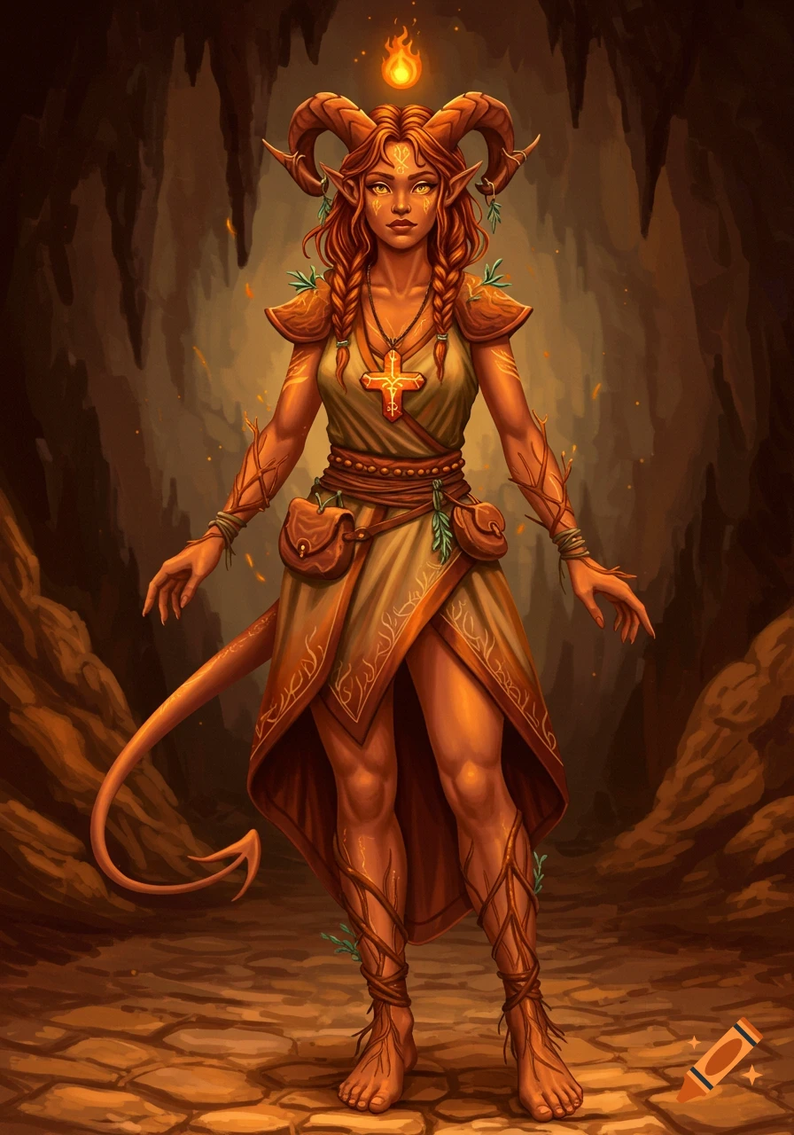 Full body digital painting of a female tiefling cleric with horns and tail standing in a cavern ...