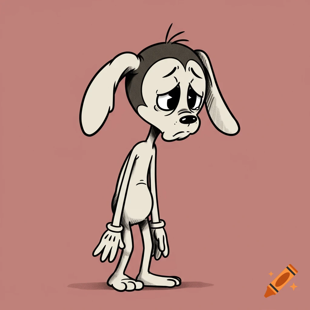 A sad, droopy cartoon character with long ears stands in a vintage ...