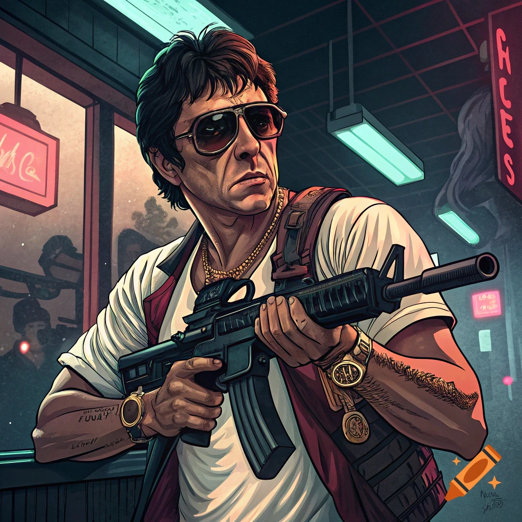Stylized comic art illustration of a man resembling Tony Montana ...