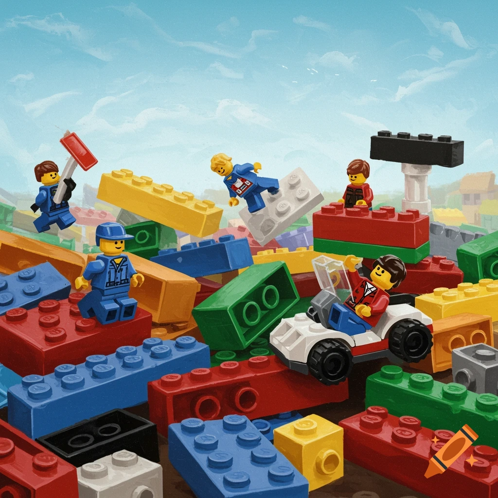 Painterly scene of Lego minifigures playing on a pile of colorful Lego ...