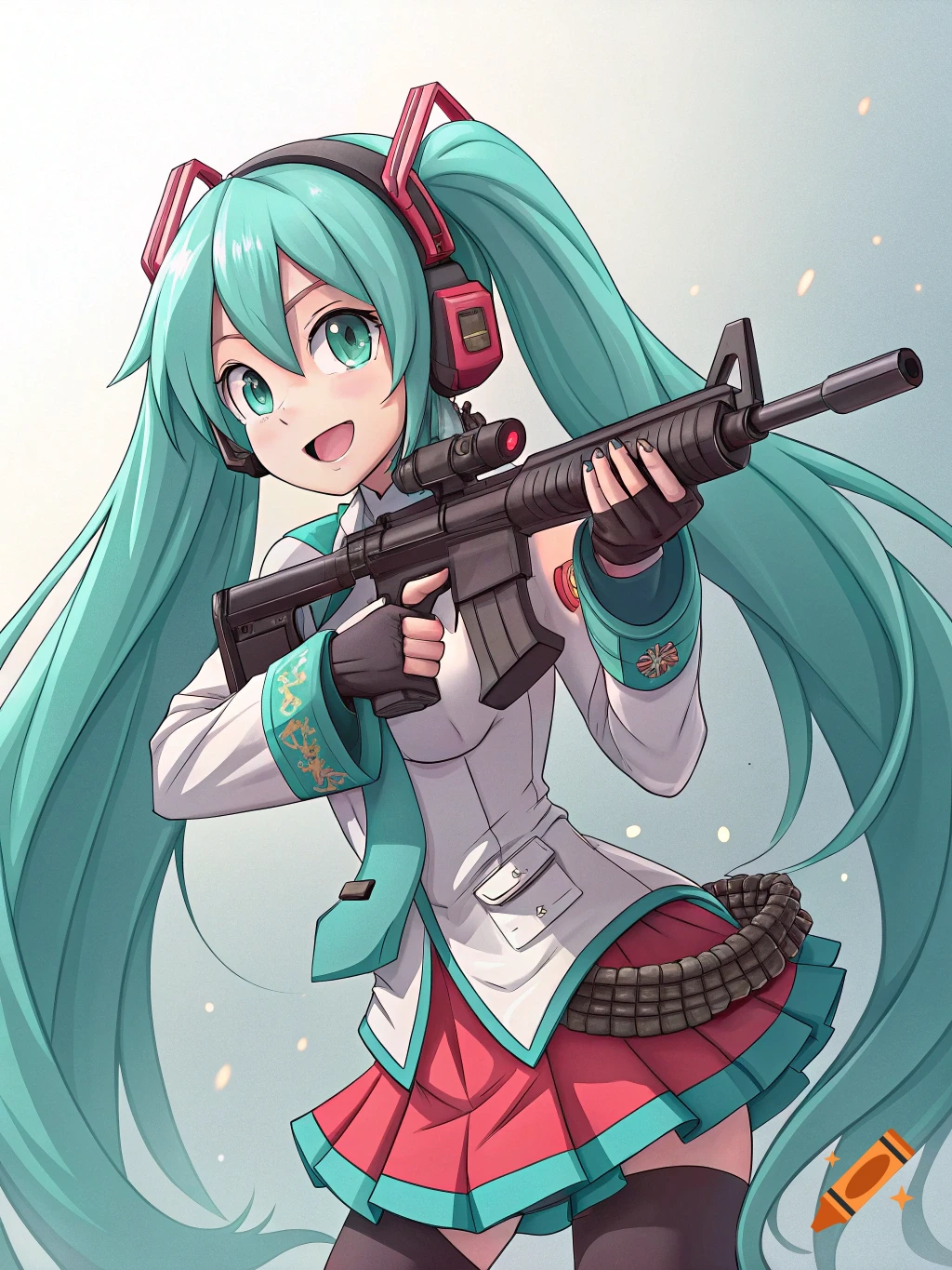Anime portrait of Hatsune Miku holding a rifle and smiling. on Craiyon