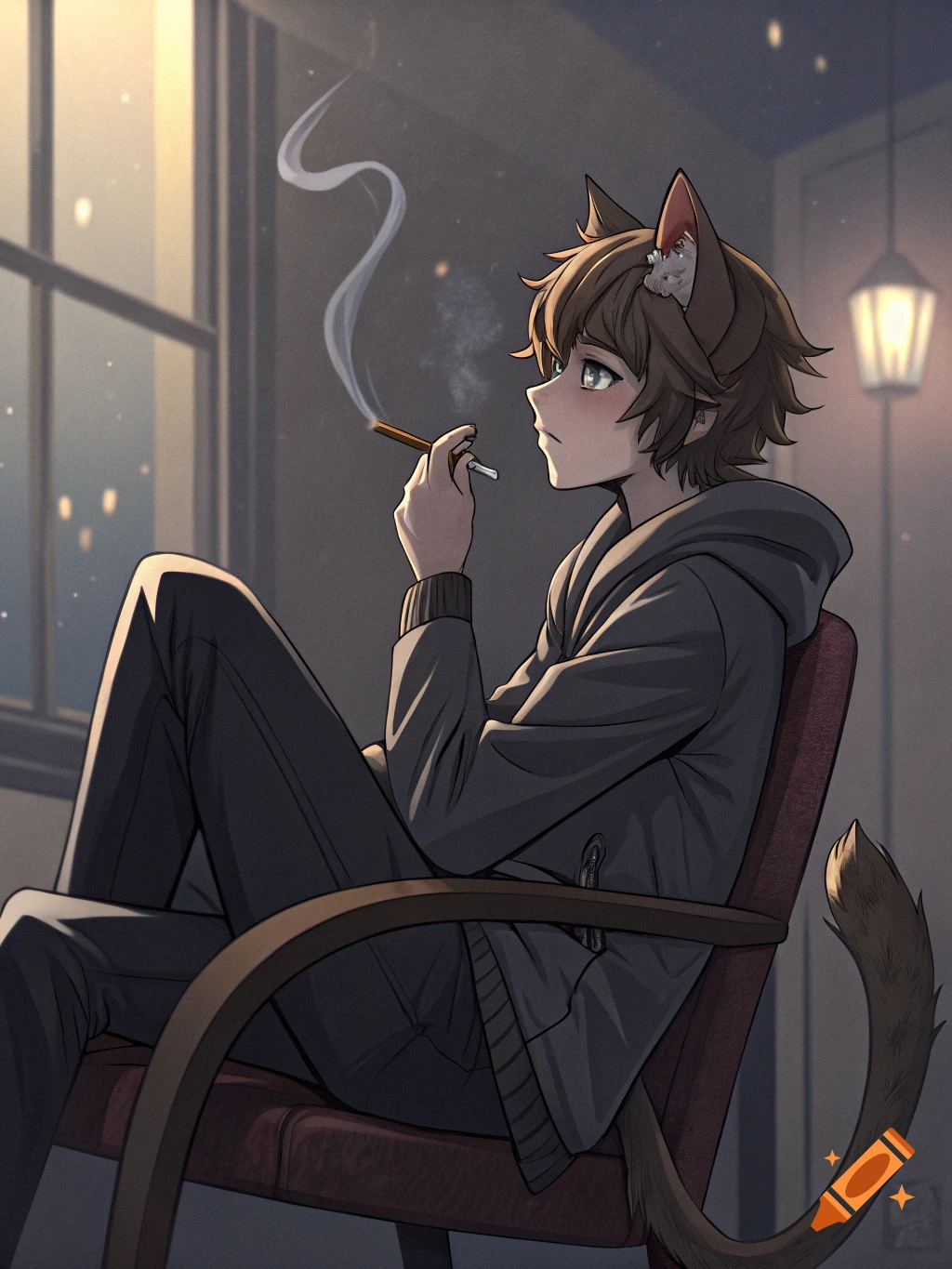 An anime catboy sits in a chair smoking a cigarette at dusk. on Craiyon