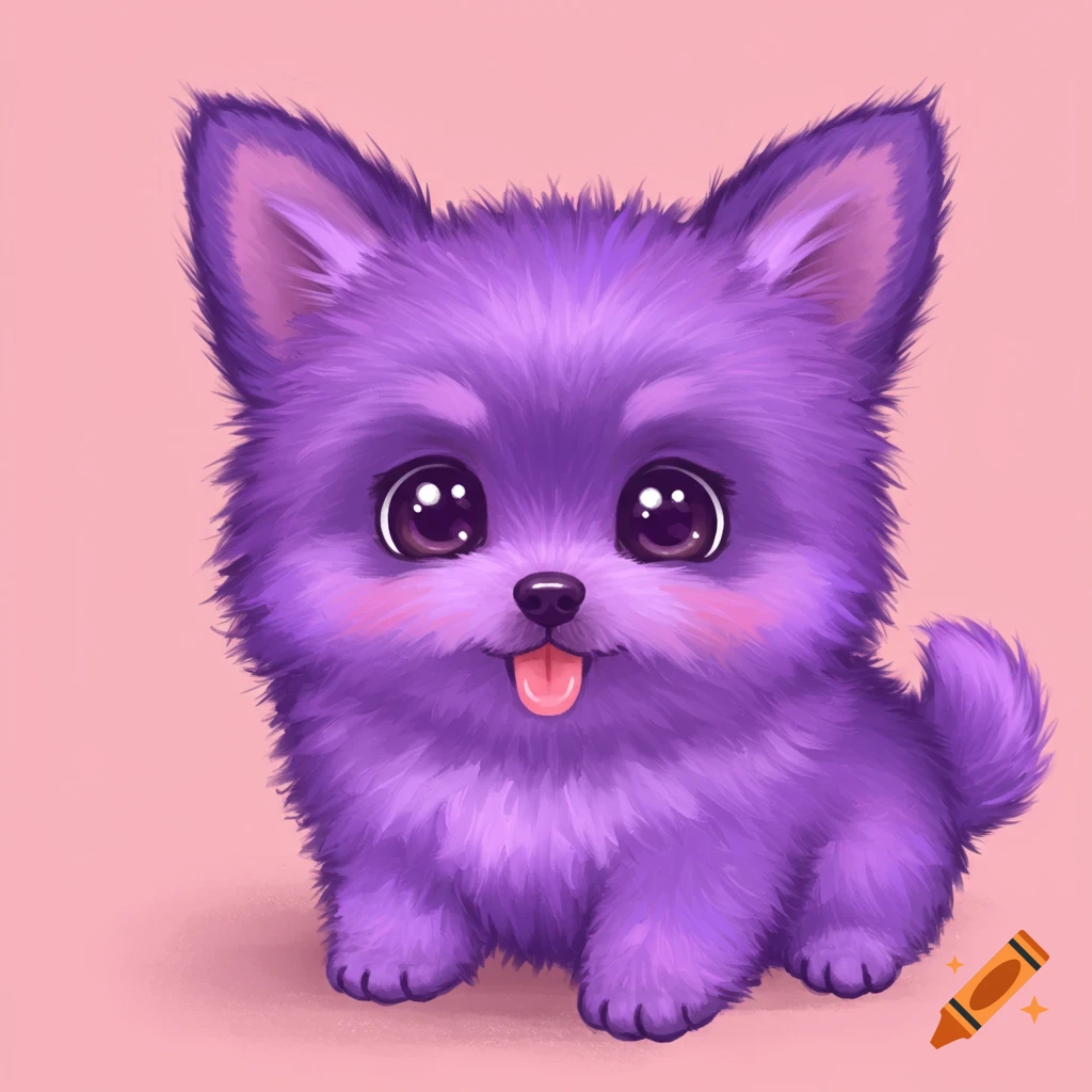 A cute purple fluffy cartoon dog with large eyes and its tongue ...