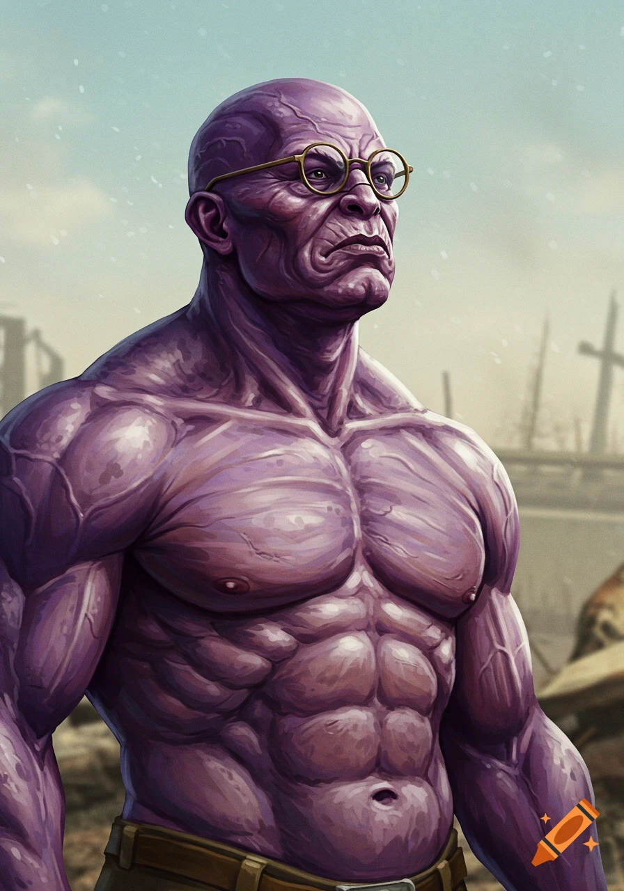 A purple-skinned, muscular Fallout Super Mutant wearing glasses stands ...