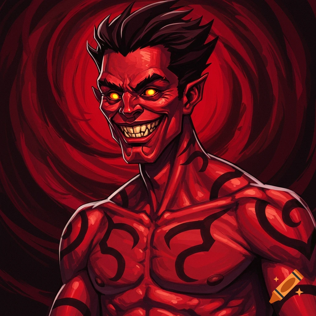 Illustration of a red-skinned man with spiky hair, glowing eyes, shark ...