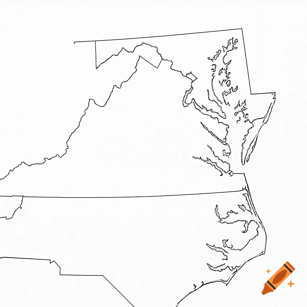Black and white outline map of Virginia, Maryland, DC, North Carolina ...