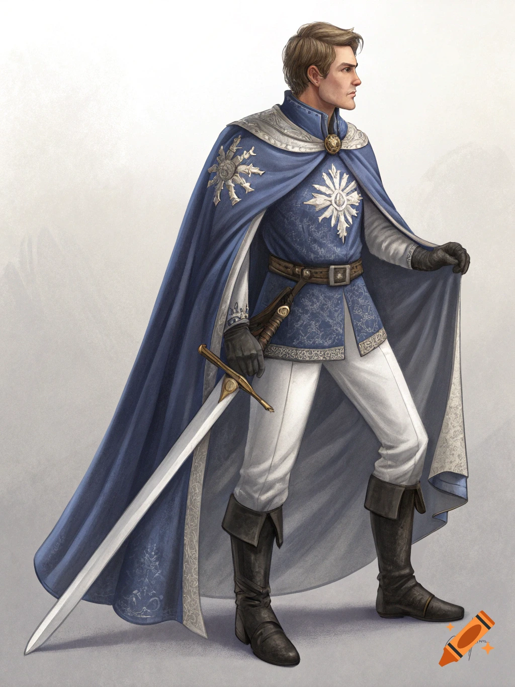 A young man in fantasy knight uniform and blue cloak holds a sword. on ...