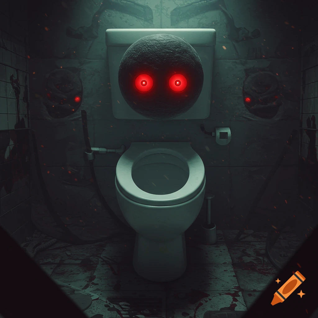 Creepy monster toilet with glowing red eyes in a dark, gory bathroom ...