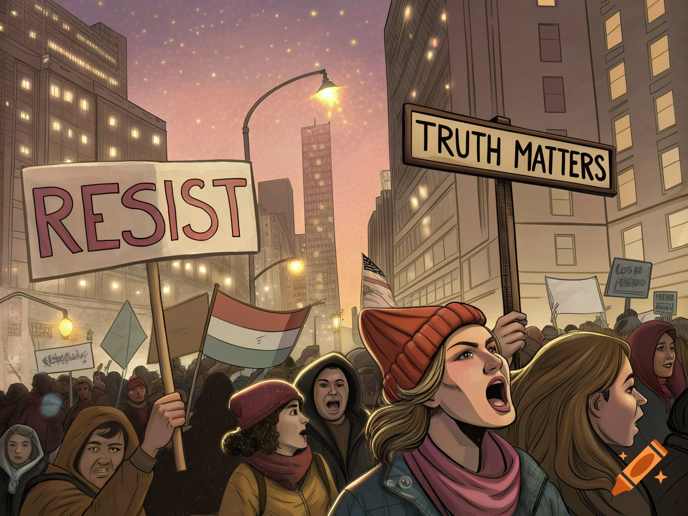 Illustration of a political protest in a city with signs saying Resist ...