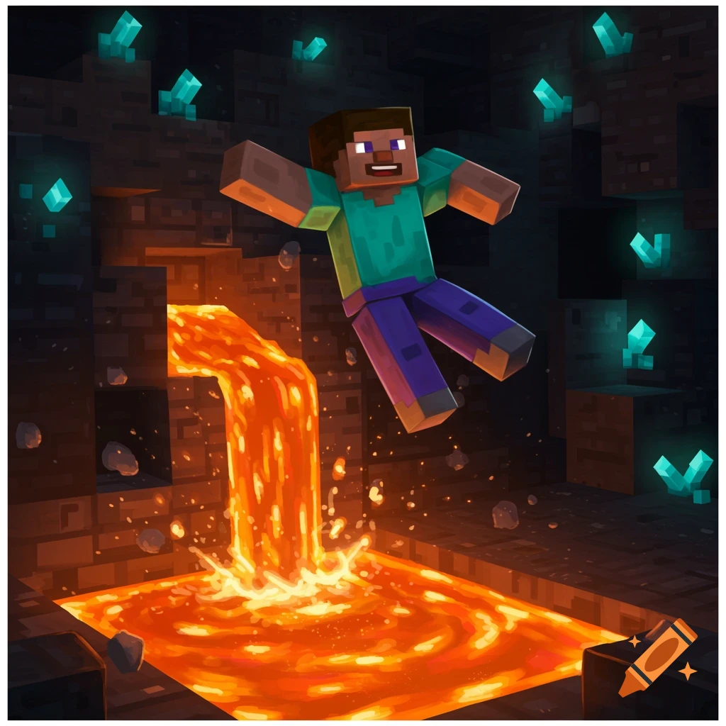 Minecraft Steve jumps into lava in a dark cave with glowing crystals ...