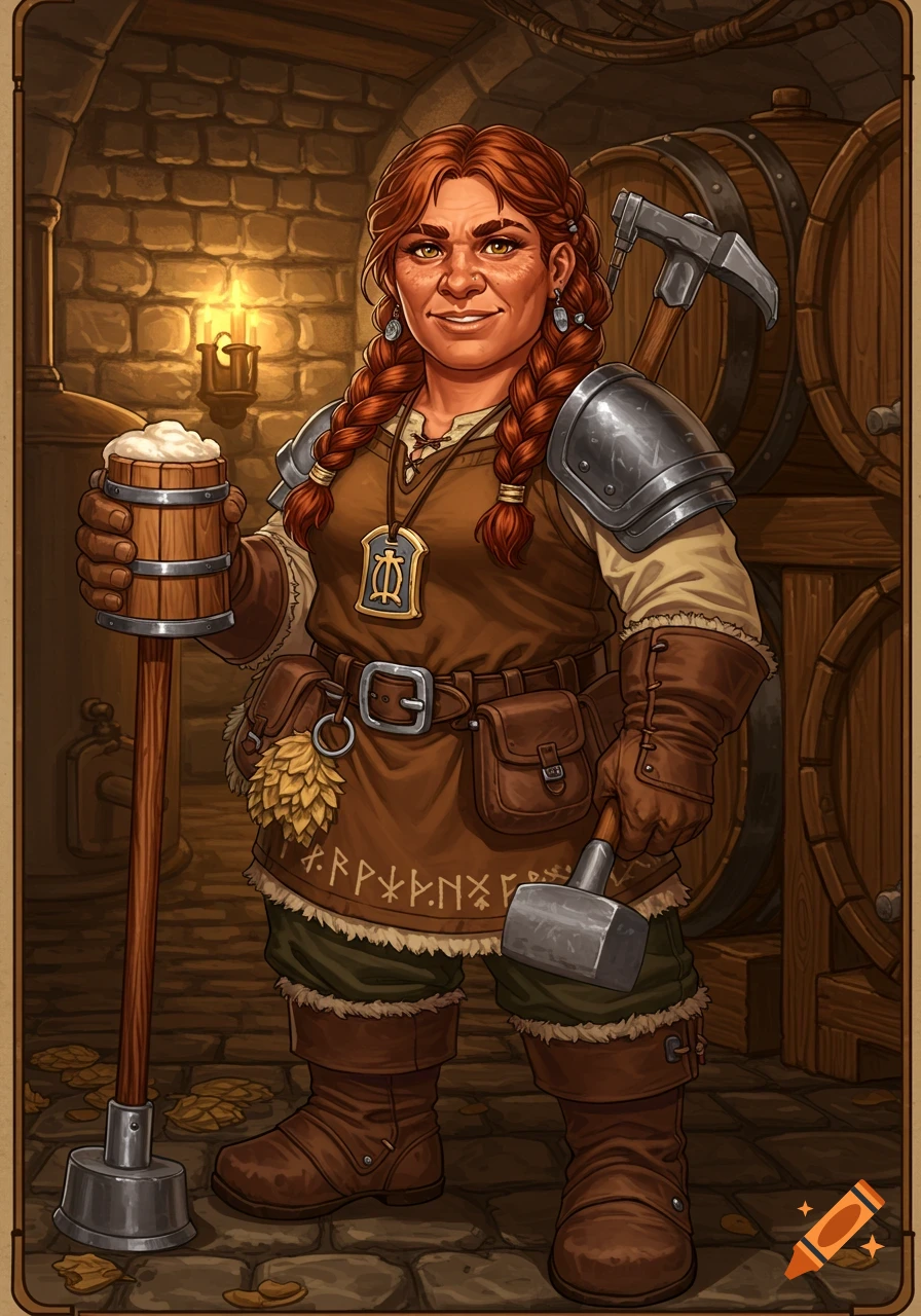 Fantasy art of a female dwarf brewer in a cellar, holding a tankard and ...