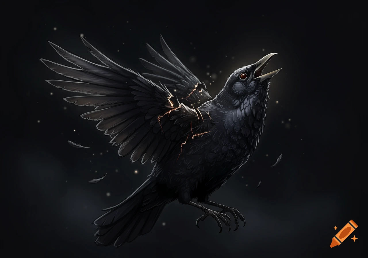 Digital illustration of a black crow with wings spread, glowing cracks ...