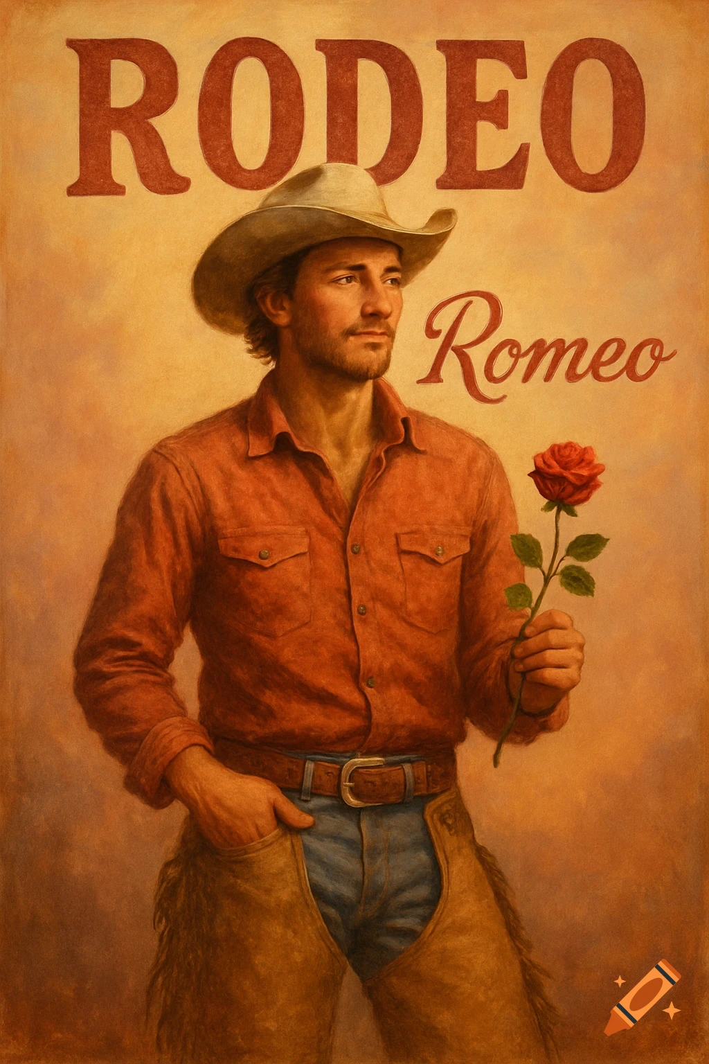 Painterly portrait of a cowboy holding a rose with "RODEO Romeo" text ...