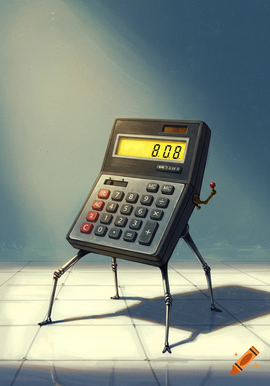 A calculator standing on mechanical legs in a room. The display shows ...