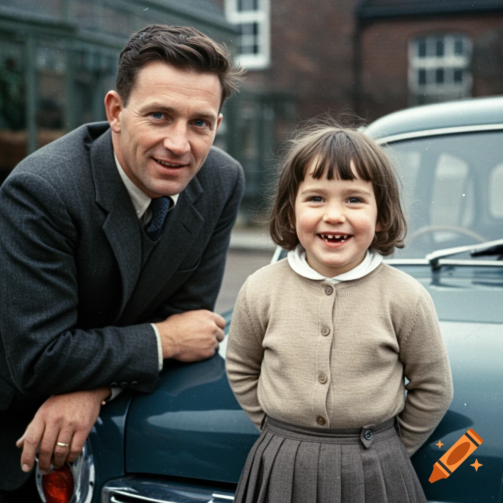 Vintage photo of a man and young girl smiling and leaning on a car. on Craiyon