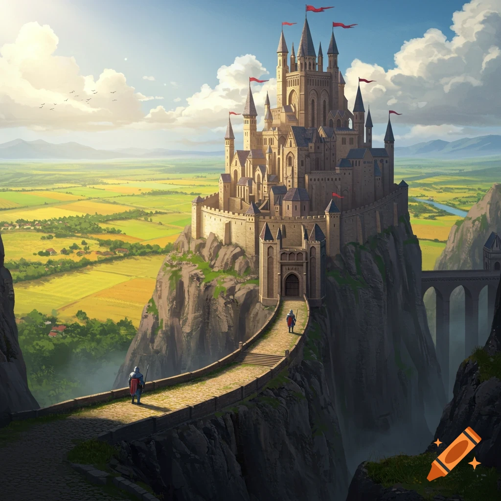 Fantasy castle on a cliff overlooking a landscape, with two knights ...
