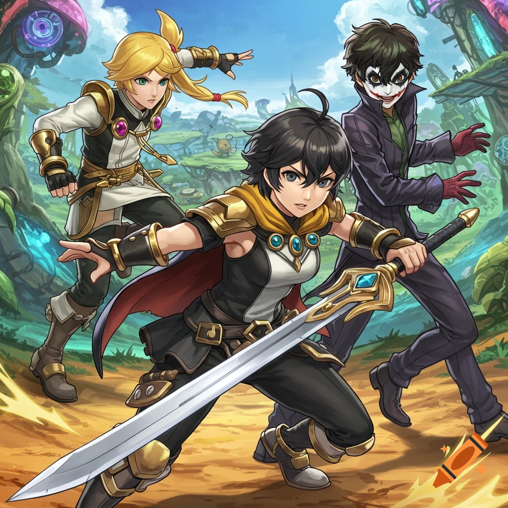 Anime fantasy illustration of two warriors and a Joker-like figure ...