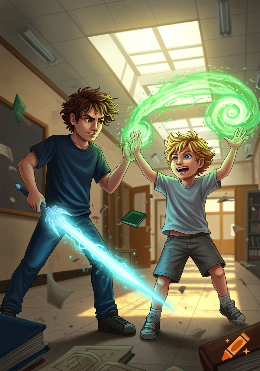 Two boys use magic and a glowing sword to fight in a school hallway ...