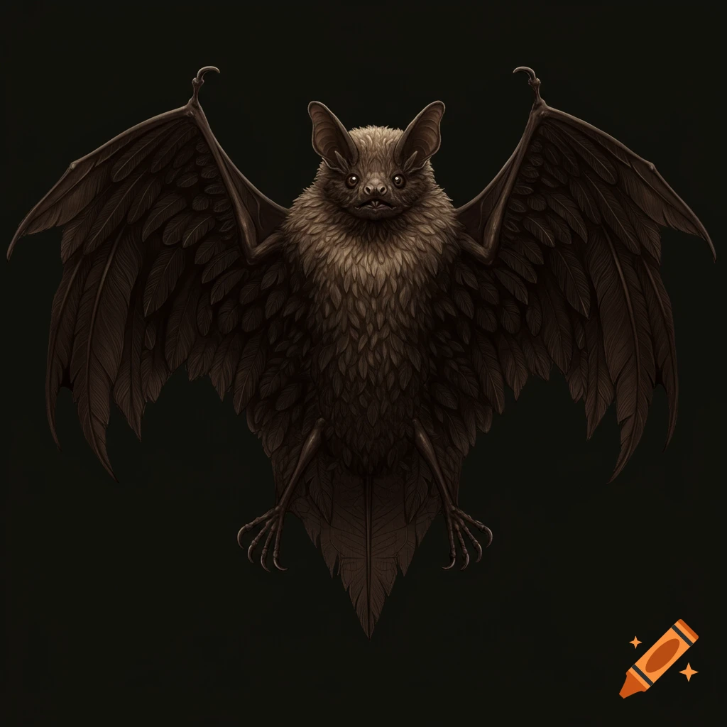 Realistic illustration of a bat with feathers and spread wings. on Craiyon