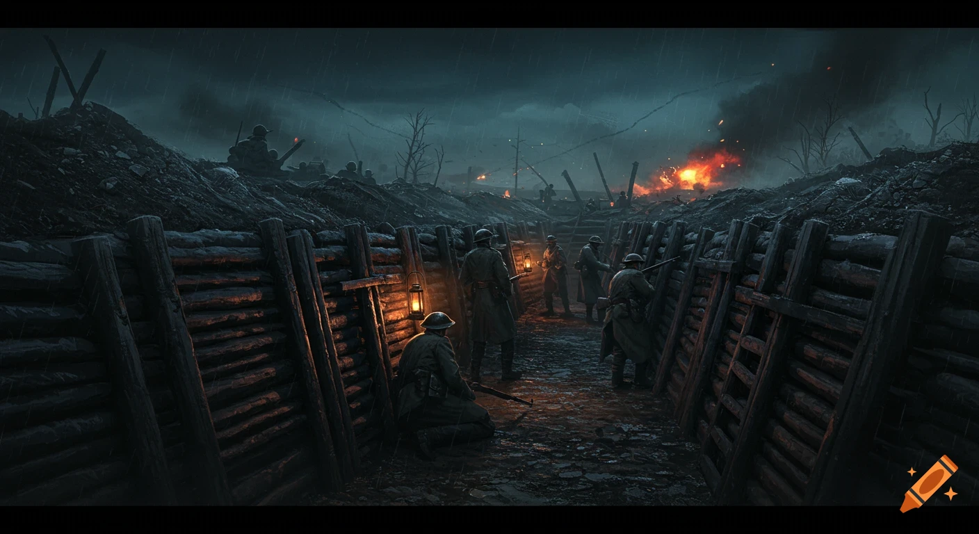 Illustration of soldiers in a rainy World War 1 trench at night with ...