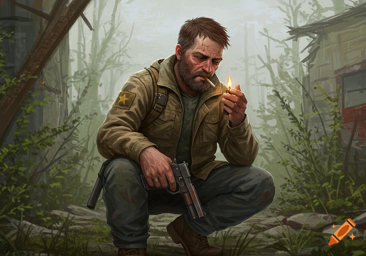 Illustration of a man crouching in ruins, lighting a cigarette while ...