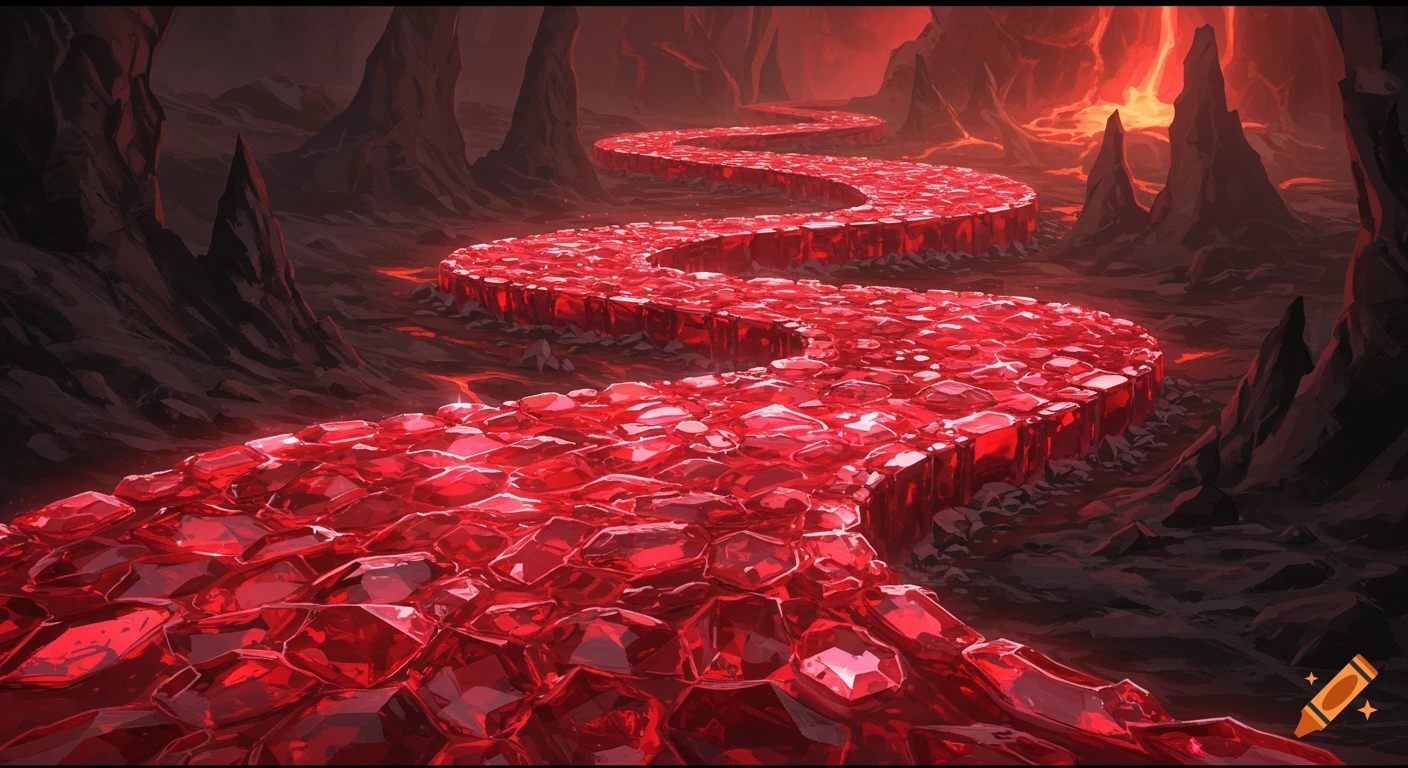 A winding path made of red rubies leads through a dark volcanic ...