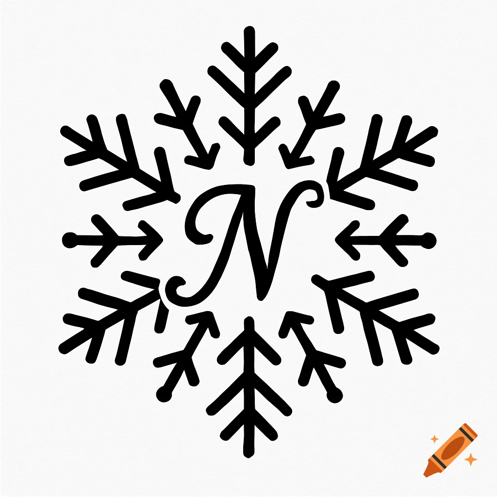 Black illustration of a snowflake with a cursive letter N in the center ...