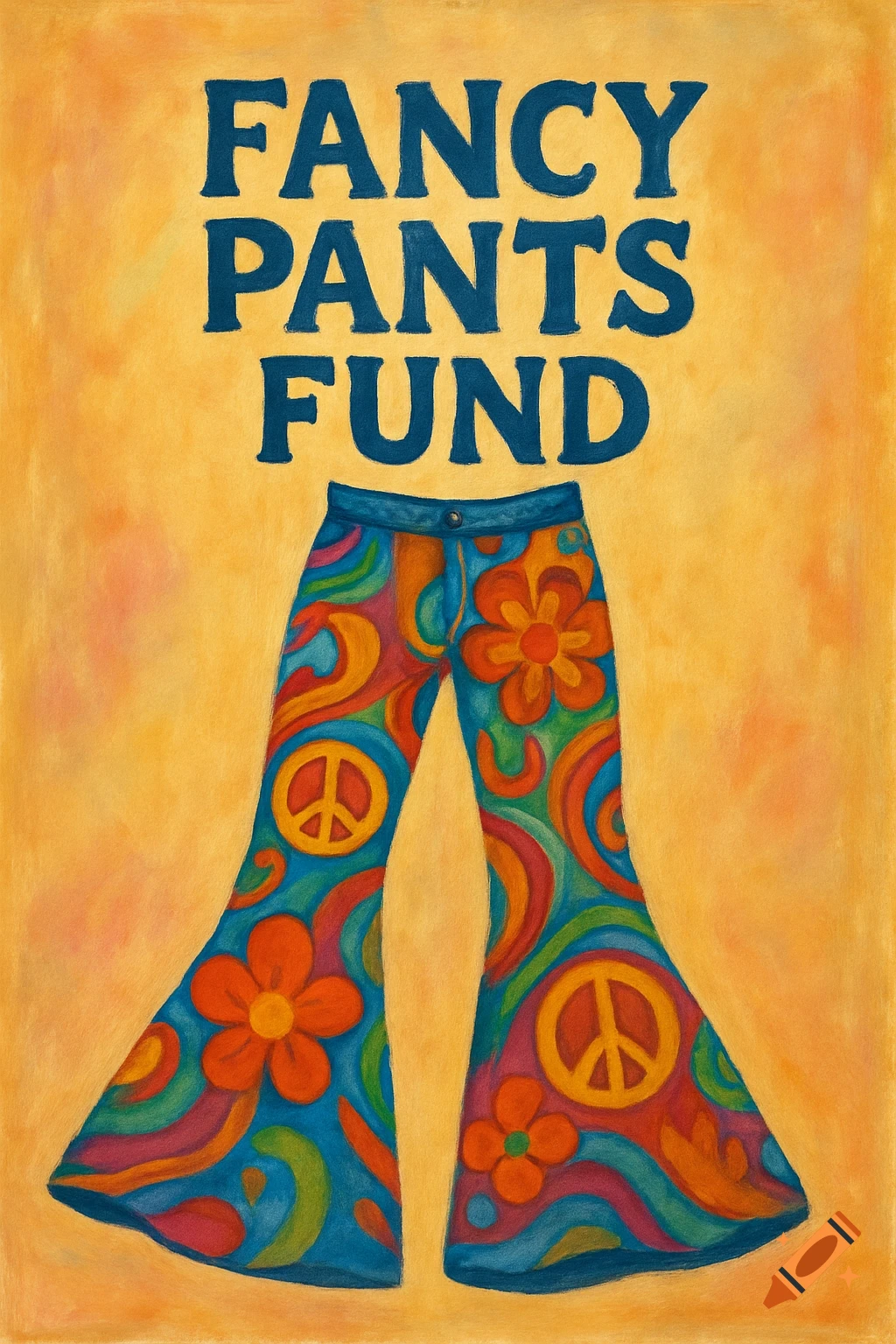 An illustration of colorful, psychedelic bell-bottom pants with peace ...