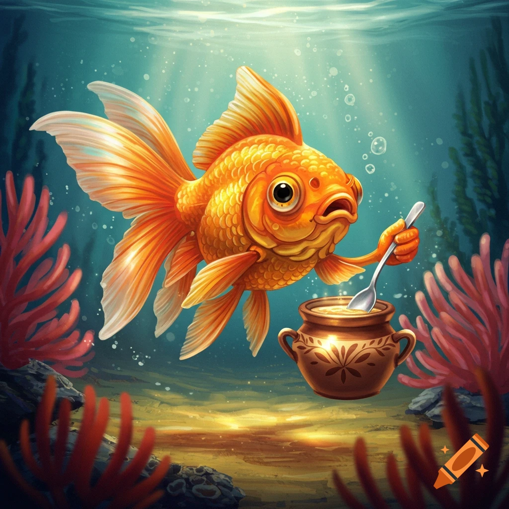 An illustrated goldfish underwater holds a small pot in one fin and a ...