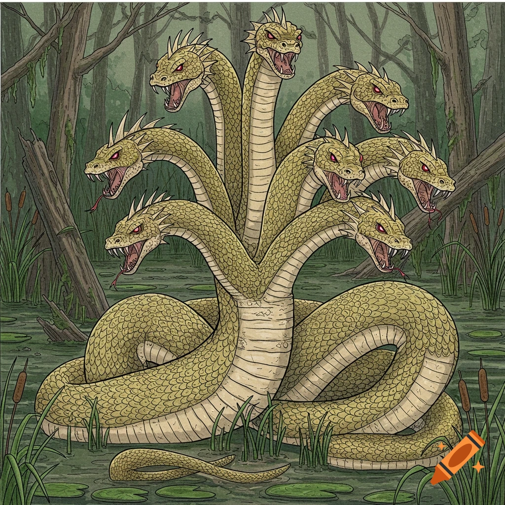Line art illustration of a multi-headed hydra in a swamp, suitable for ...