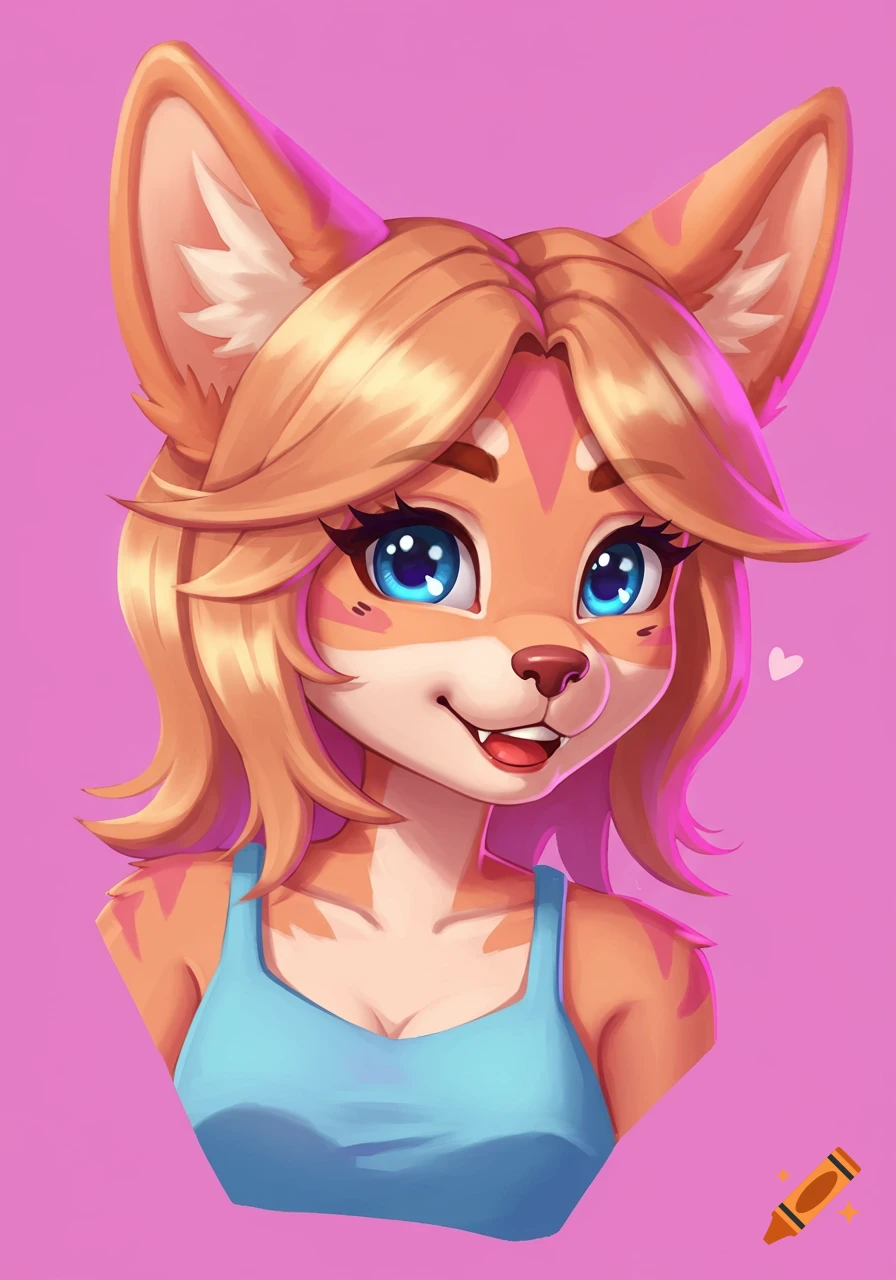 Portrait of an orange and white furry character with blue eyes and ...