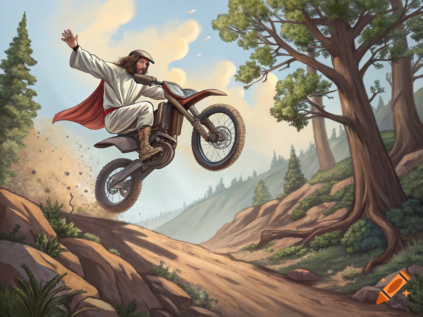 Illustration of Jesus on a dirt bike jumping over a dirt track on Craiyon