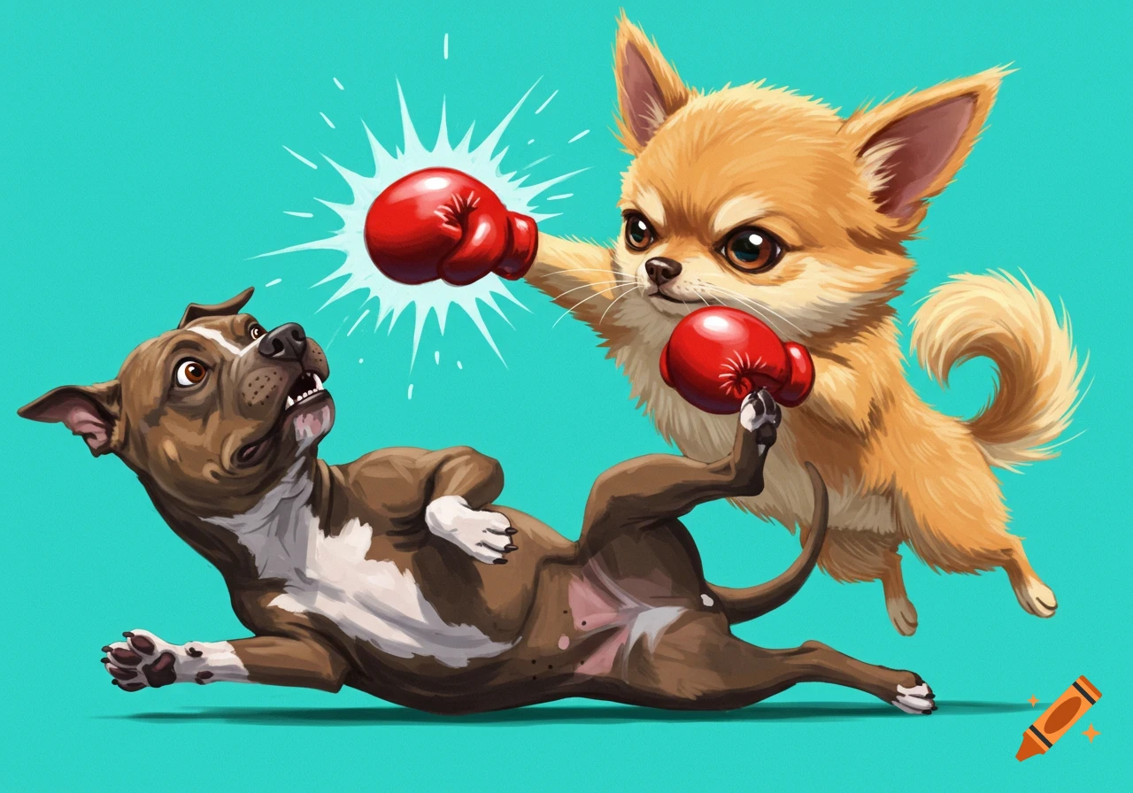 Cartoon chihuahua punches a pit bull while wearing boxing gloves. on ...