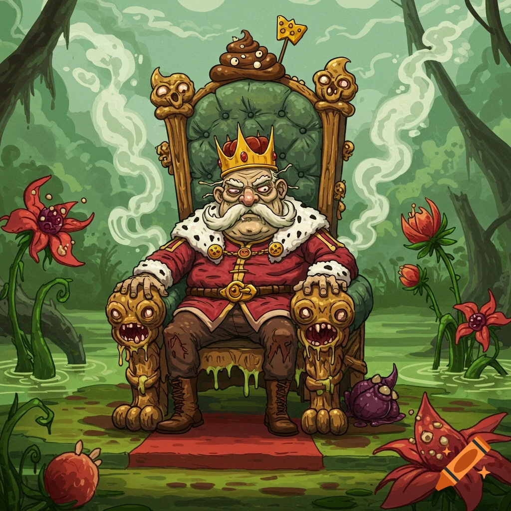 Cartoon king sits on a grotesque throne topped with poop in a swamp. on ...