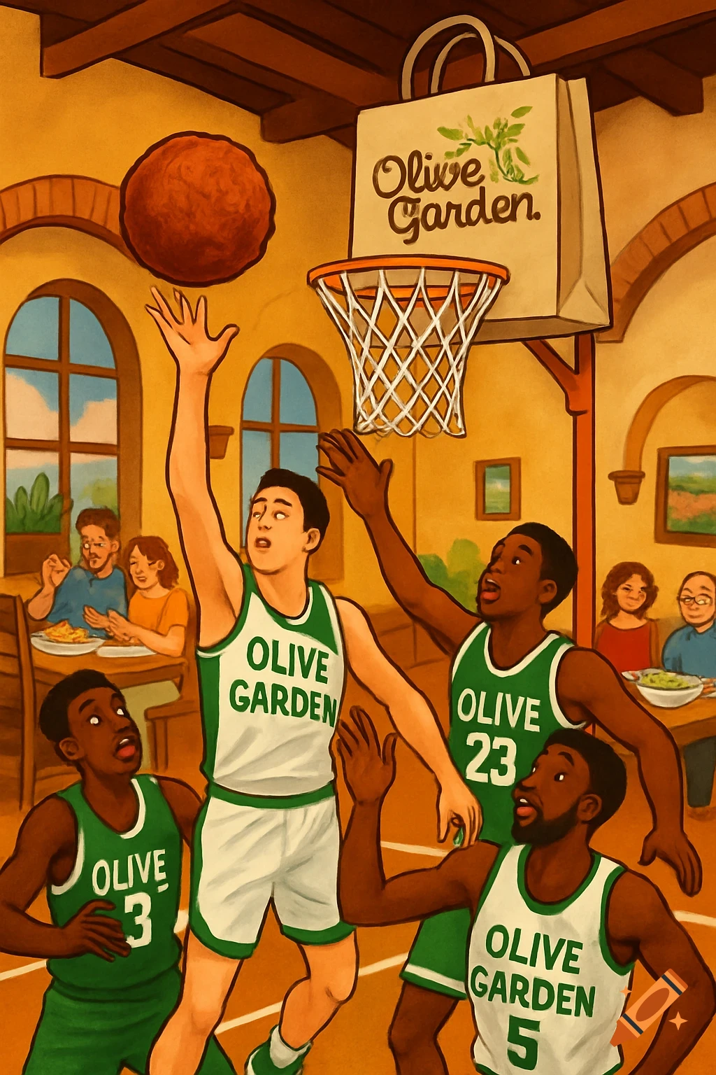 Digital illustration of a basketball game inside an Olive Garden ...