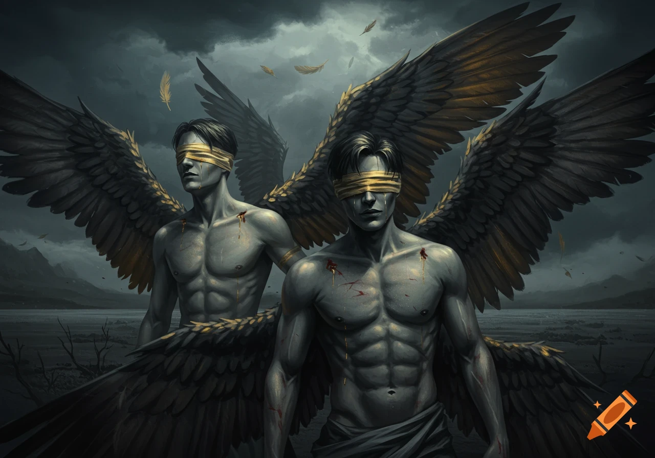 Two muscular men with black and gold wings and blindfolds stand under a ...