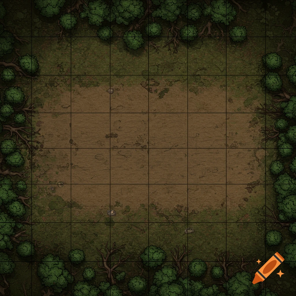 Top-down fantasy battle map of a forest clearing with a grid. on Craiyon